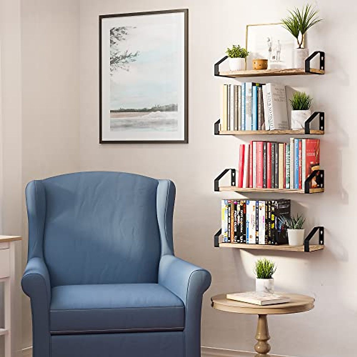 Wallniture Braga Floating Shelves for Wall Decor, Bookshelf Living Room Decor, Bathroom Organizer & Wall Shelves, Kitchen Organization, Burnt Finish Set of 4