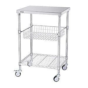 VEVOR Kitchen Utility Cart, 3 Tiers, Wire Rolling Cart with 470LBS Capacity, Steel Service Cart on Wheels, Metal Storage Trolley with 76mm Basket Curved Handle PP Liner 6 Hooks, for Indoor and Outdoor