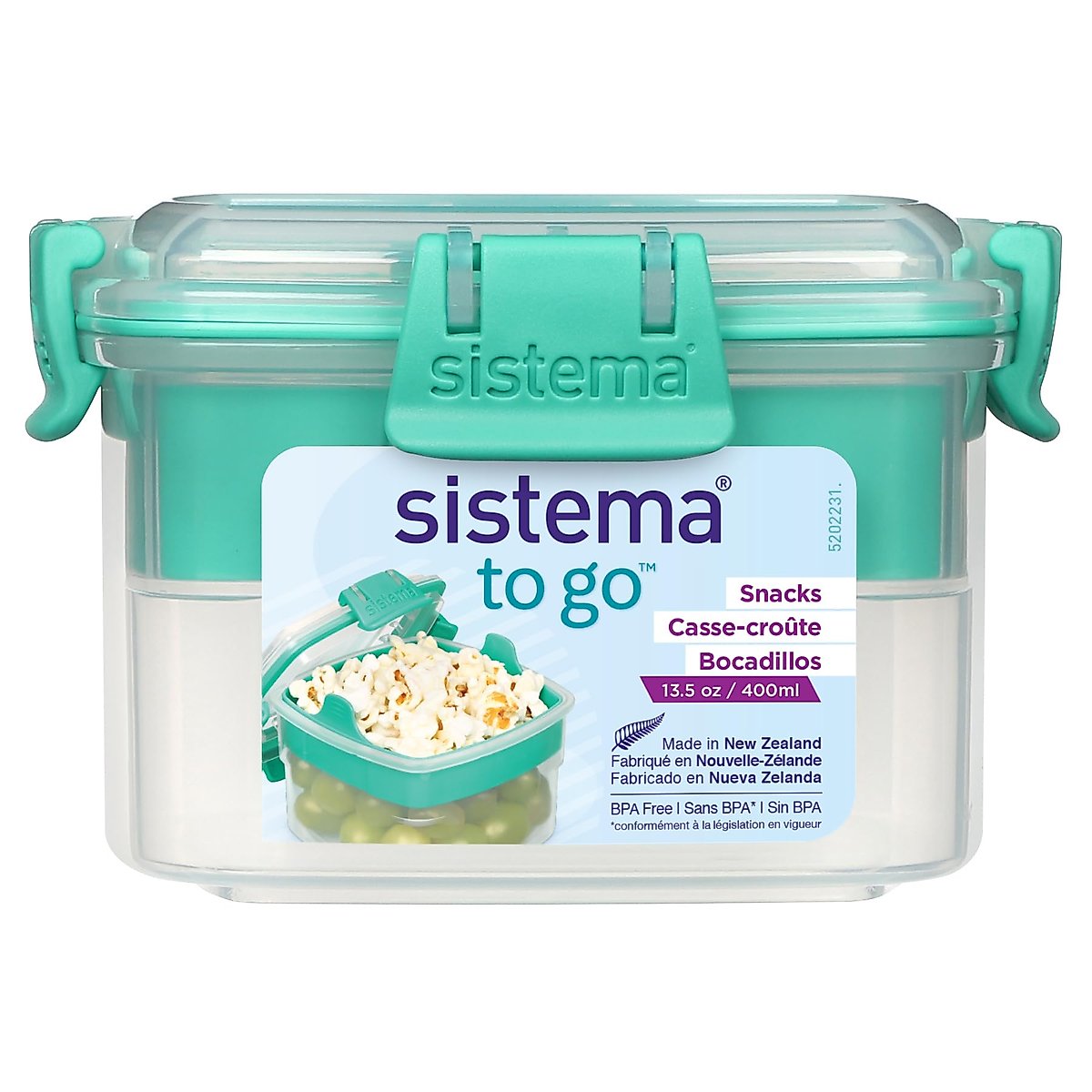 Sistema To Go Collection, 13.5 oz./0.4 L, Portable Snack Container with Separate Compartments, Flexible Seal & Easy-Lock Clips, BPA & Phthalate Free, Color May Vary