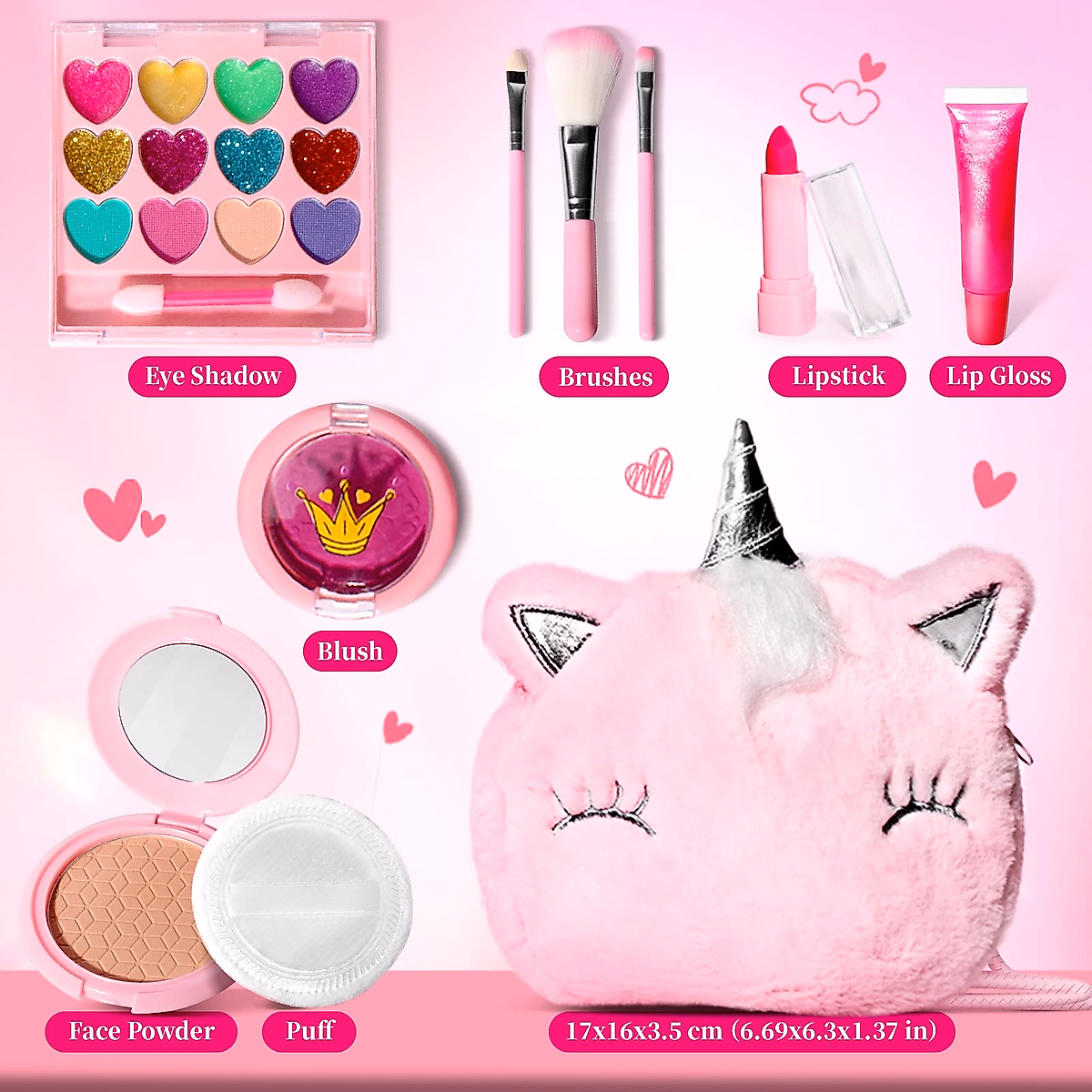 ULOVEME Kids Real Makeup Kit for Little Girls - Real, Non Toxic, Washable Make Up Toy - Umicorn Toys Gift for 3 4 5 6 7 8 9 10 12 Years Old Girls Birthday (Pink Umicorn)