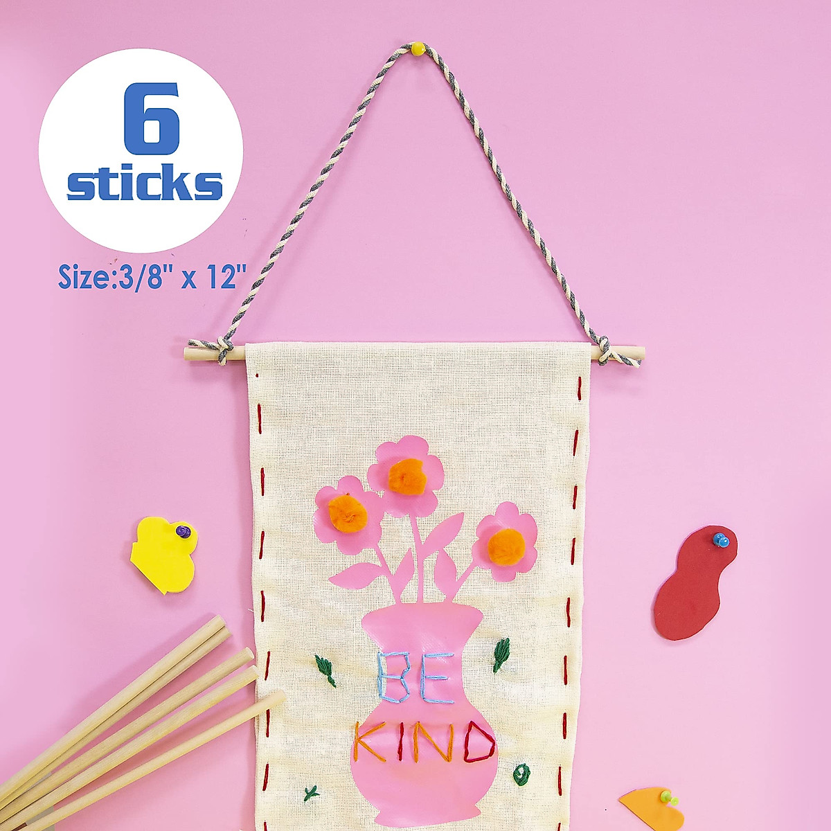 BAZIC Wooden Dowel Rods Wood Sticks, 3/8" x 12" Round Natural Color Hardwood Stick, Unfinished Wood for Crafts Lollipops Cake Support (6/Pack), 1-Pack