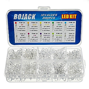 BOJACK 10 Colors 200 Pcs 5mm LED Diode Lights Assored Kit Pack (Transparent DC 2V - 3.2V 20mA) Bright Lighting Bulb Lamps Electronics Components 5 mm Light Emitting Diodes Parts