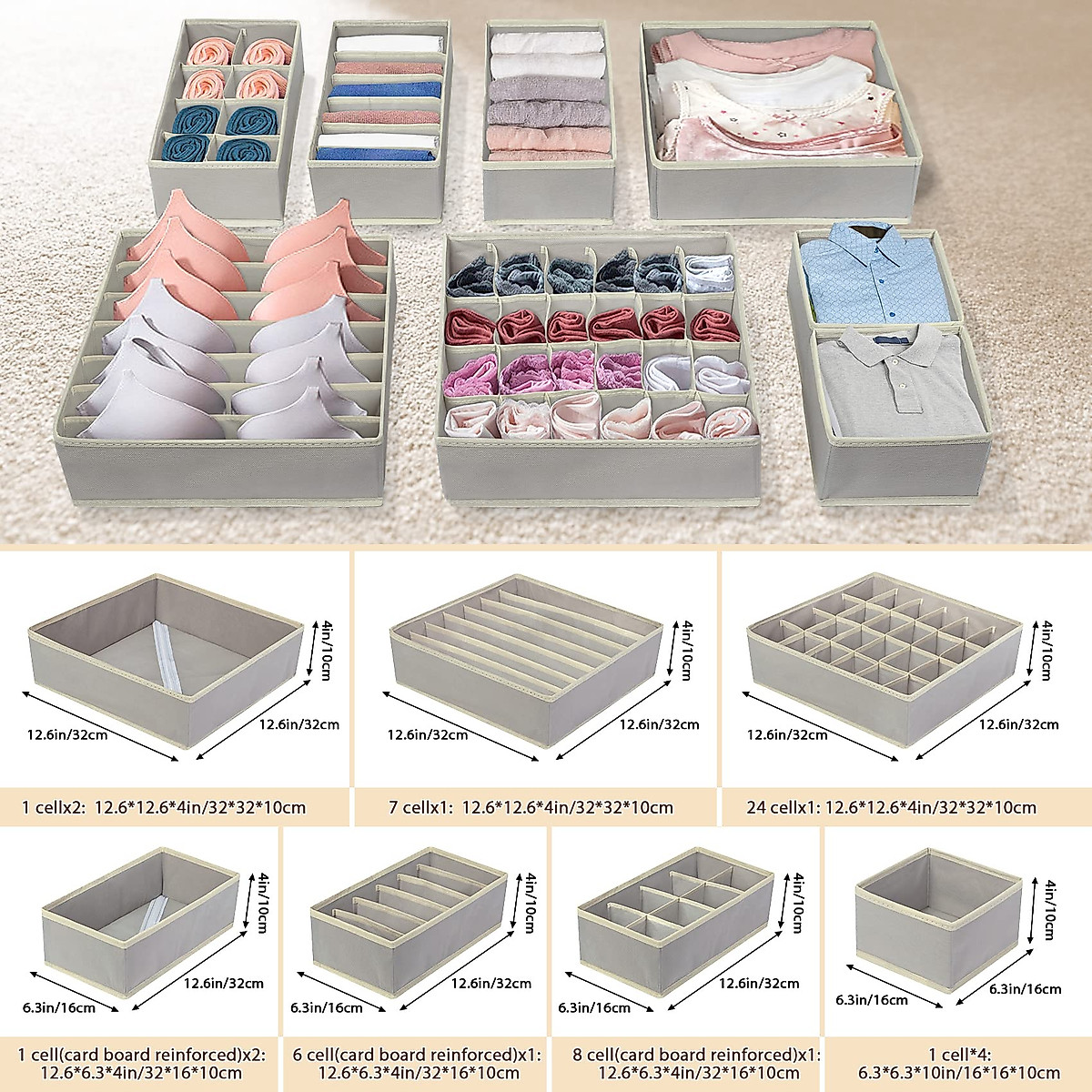 12PCS Drawer Organizers for Clothing, 53 Cell Bra Sock Underwear Drawer Organizer Fabric Foldable Dresser Drawer Divider Closet Organizers and Storage Boxes for Baby Clothes Bras Socks Lingerie (Grey)