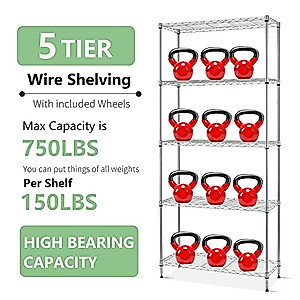 FDW 14" D×24" W×60" H Wire Shelving Unit Metal Commercial Shelf with 5 Tier Layer Rack Strong Steel for Restaurant Garage Pantry Kitchen Garage,Chrome