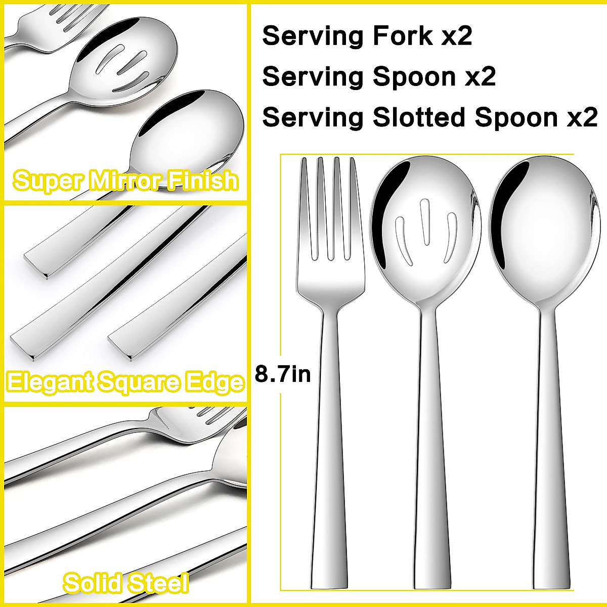 Square Serving Utensils Set of 6, E-far Stainless Steel 8.7 Inch Hostess Serving Set, Metal Serving Spoon Slotted Spoons Forks for Party Buffet Catering, Mirror Finished & Dishwasher Safe