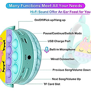 Kids Headphones, Unicorn Pop Headphones It for Girls Kids, Headphones Wireless Bluetooth with Led Light Cat Ears, Gaming Headset, Foldable Adjustable Build-in Mic for Tablet/School/iPad/Travel (Green)