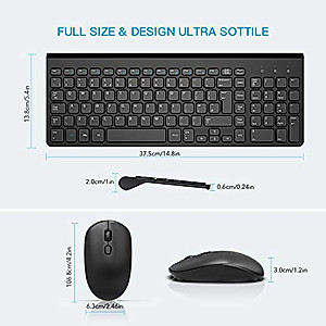 Wireless Keyboard Mouse Combo, WisFox 2.4GHz Slim Full Size Wireless Keyboard and Mouse Set with Number Pad and Nano Receiver for PC Laptop Windows, Quiet and Ergonomic (Black)