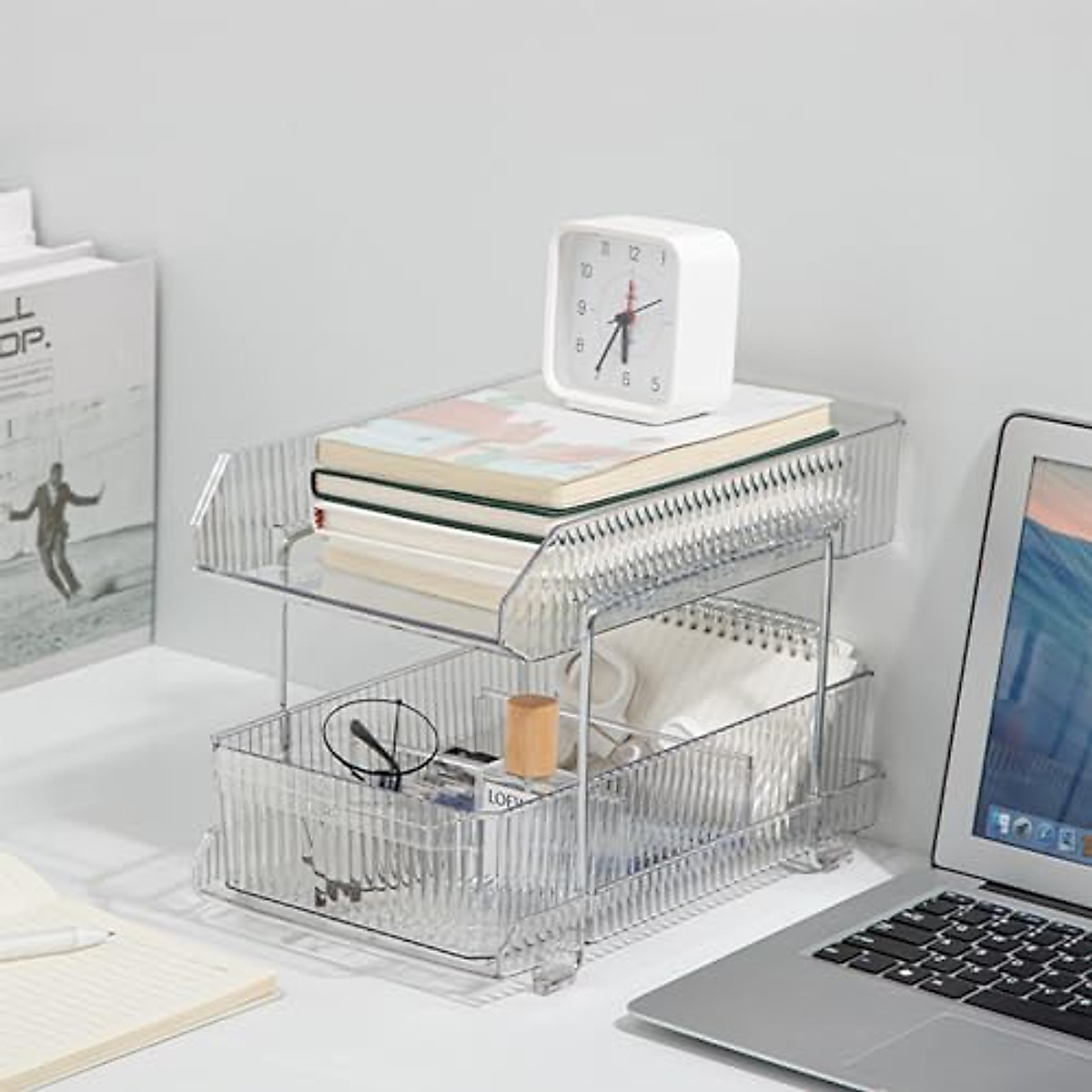 Shelfing Cart, Extensive Under Sink Shelf, Effortless Kitchen Storage Racks, 2-Tier Clear Kitchen Storage Rack, Secure Kitchen Pantry Organizers, 2-tier Stackable Storage Shelves for Kitchen Use