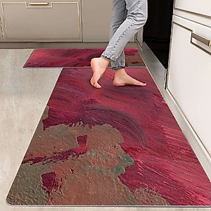 RYANZA 2 Pieces Kitchen Rugs, Abstract Anti Fatigue Non Slip Foam Cushioned Art Design Graffiti Modern Red Comfort Indoor Floor Mat Runner Rug Set for Laundry Office Sink Bathroom (17"x48"+17"x24")