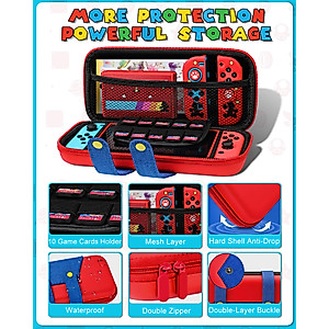 Gurgitat 8in1 Maro Switch Case for Nintendo Switch Carrying Cases & Storage Accessories Bundle Kit, Thumb Grips Button Caps+Game Card Holder+Dockable Cover Skin+Sticker for Switch Travel Pouch Bag