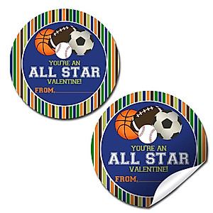 All Star Sports Valentine Party Favor Sticker Labels for Boys, 40 2" Party Circle Stickers by AmandaCreation, Great for Classroom Valentines, Envelope Seals, Gifts & Treats