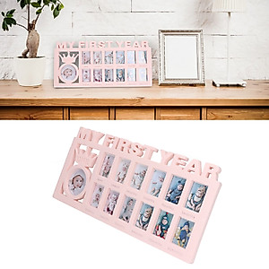 CHICIRIS Newborn Baby First Year Picture Frame with 12 Month Slots, Baby Monthly Collage Keepsake Frame for Photo Memories, White(pink)