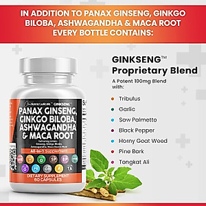 Clean Nutraceuticals Panax Ginseng Ginkgo Biloba Ashwagandha Maca Root - Focus Supplement Pills for Women and Men with Pine Bark Extract, Garlic, and Saw Palmetto - 60 Caps