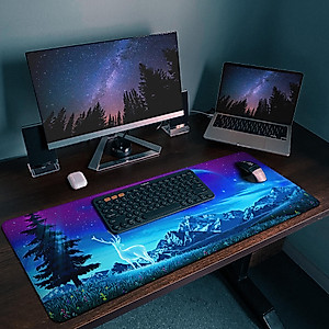 UJoowalk Gaming Mouse Pad, Large Mouse Pad, Keyboard and Mouse Pad, XL Mousepad, 31.5 x 11.8¡¯¡¯, Non-Slip Base Stitched Edge for Home Office Gaming Work, Galaxy Print Forest Moon Deer