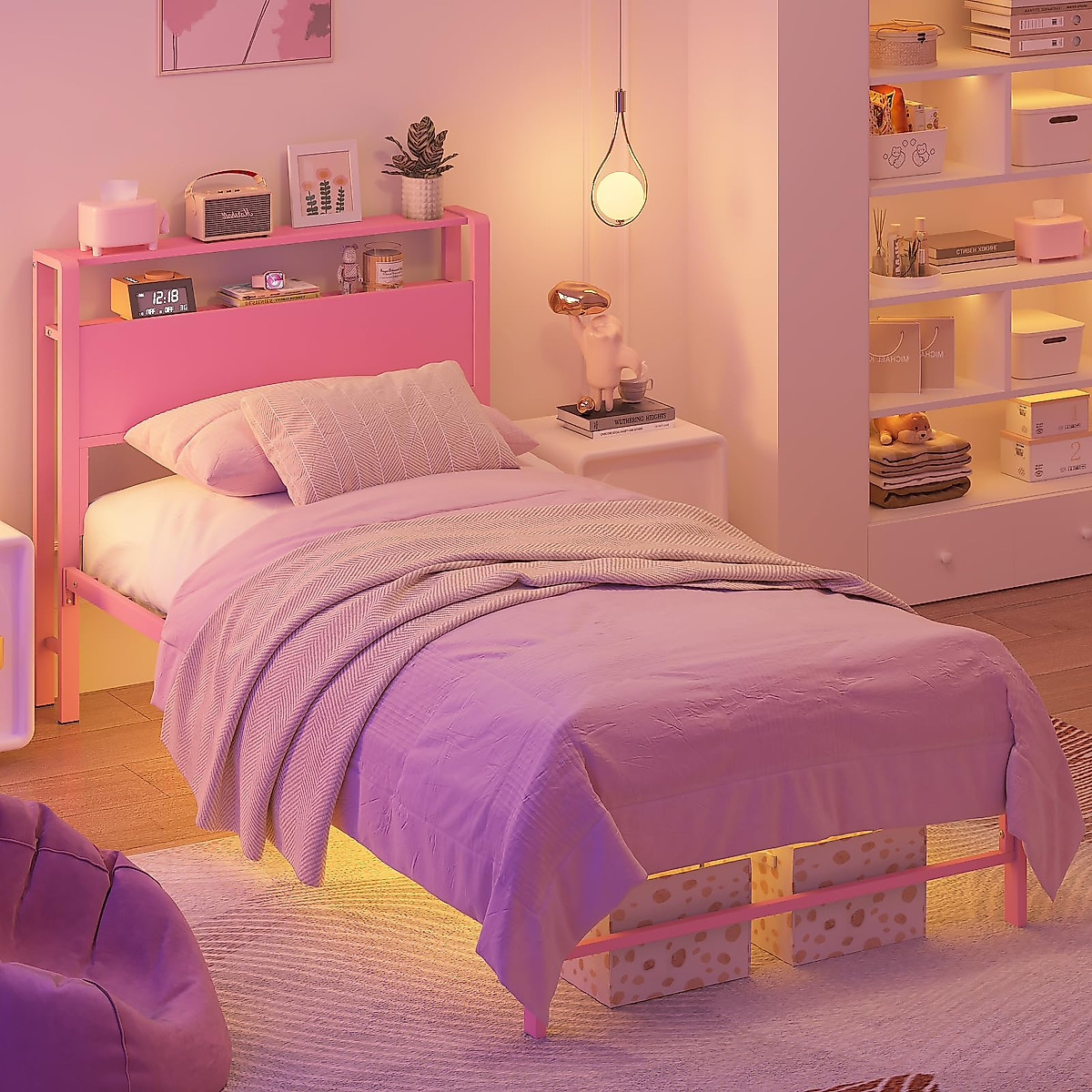 Weehom Twin Bed Frames for Kids with 2 Tiers Wood Storage Shelves Headboard, Twin Size Bed No Box Spring Needed Under Bed Storage Space Metal Platform for Girls and Adults, Pink