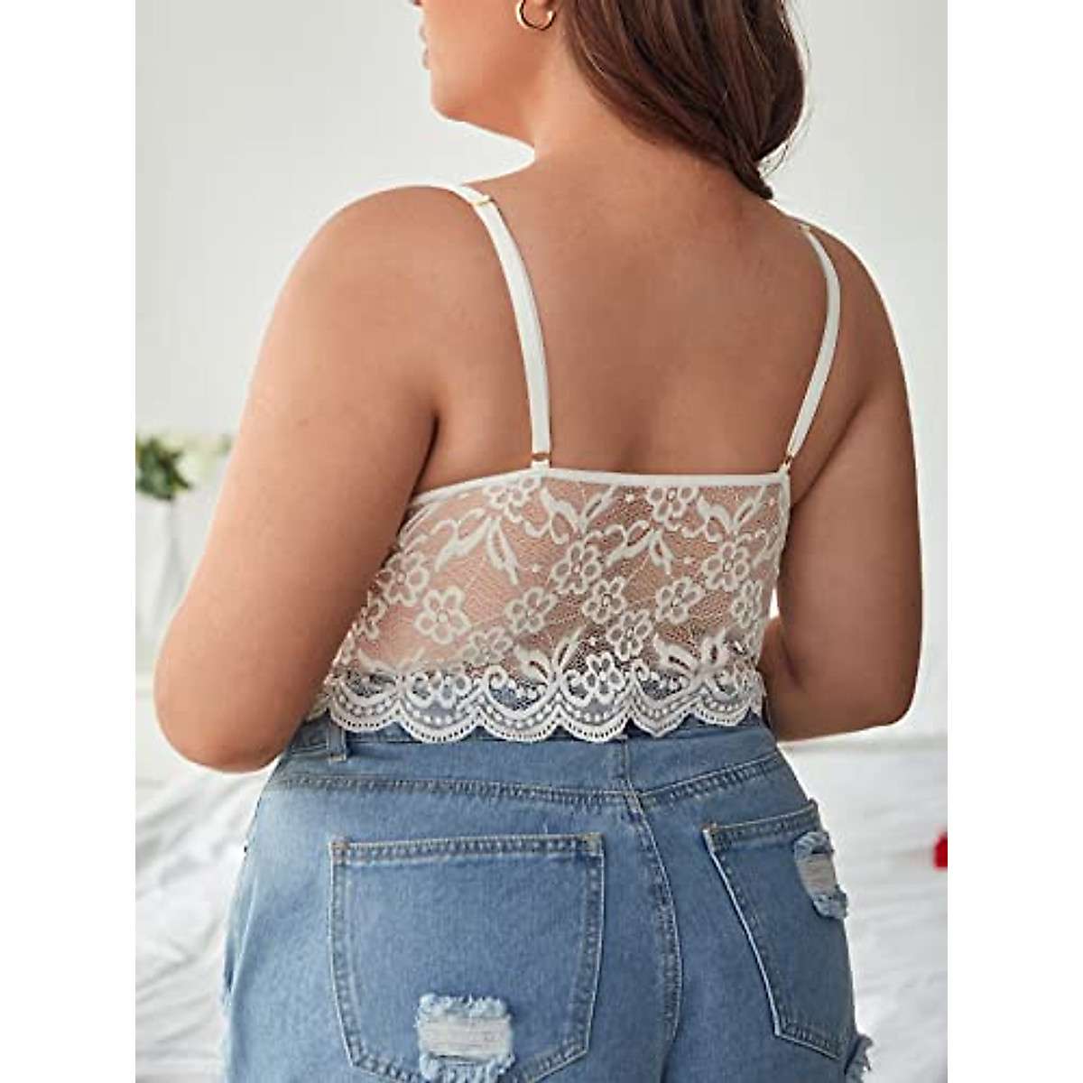SOLY HUX Women's Plus Size Sexy Floral Lace Scalloped Trim Wireless Bra Adjustable Strap V Neck Everyday Bralette Plain White 2XL