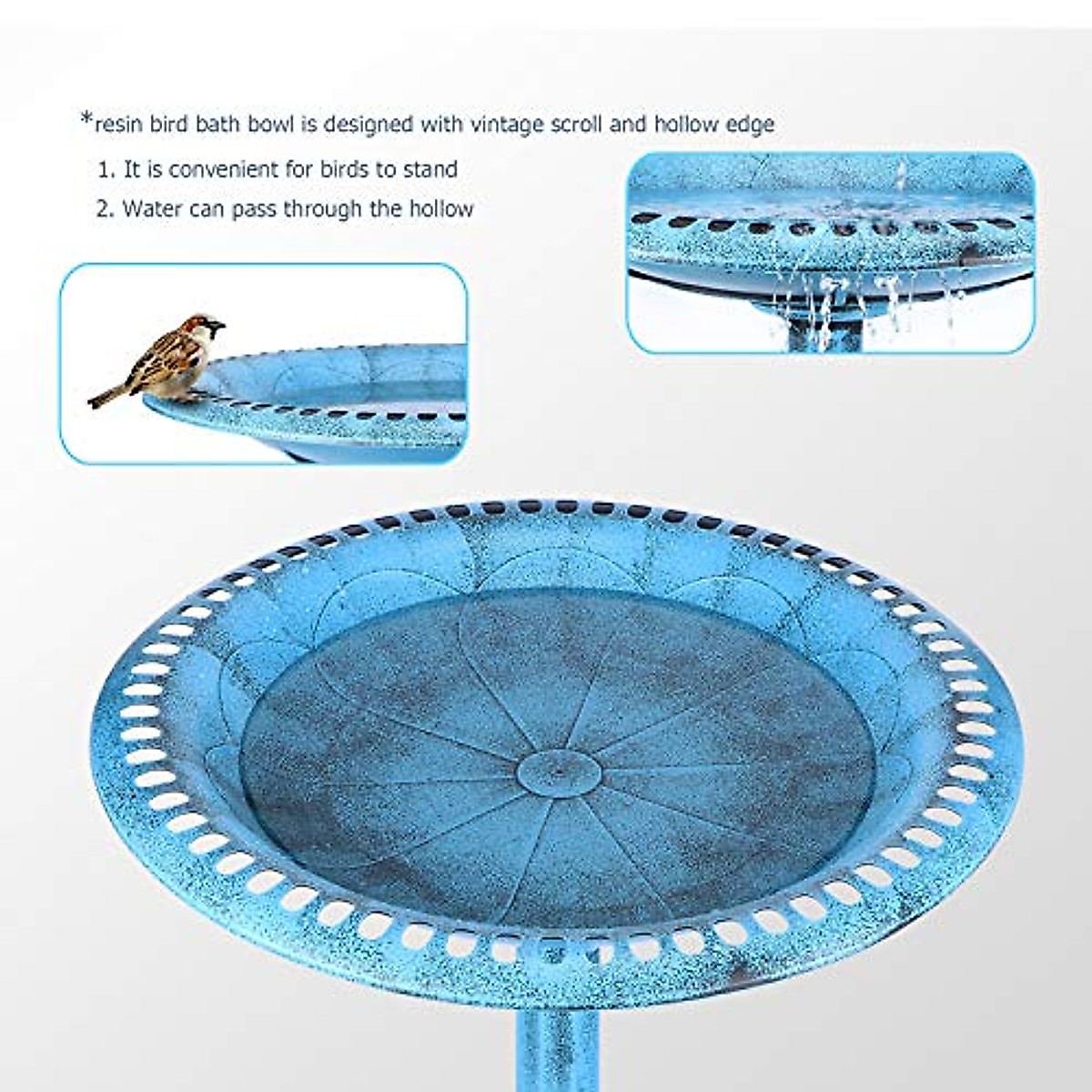 DREAM GARDEN 28 Inch Height Polyresin Birdbaths Lightweight Antique Outdoor Garden Pedestal Bird Bath Blue