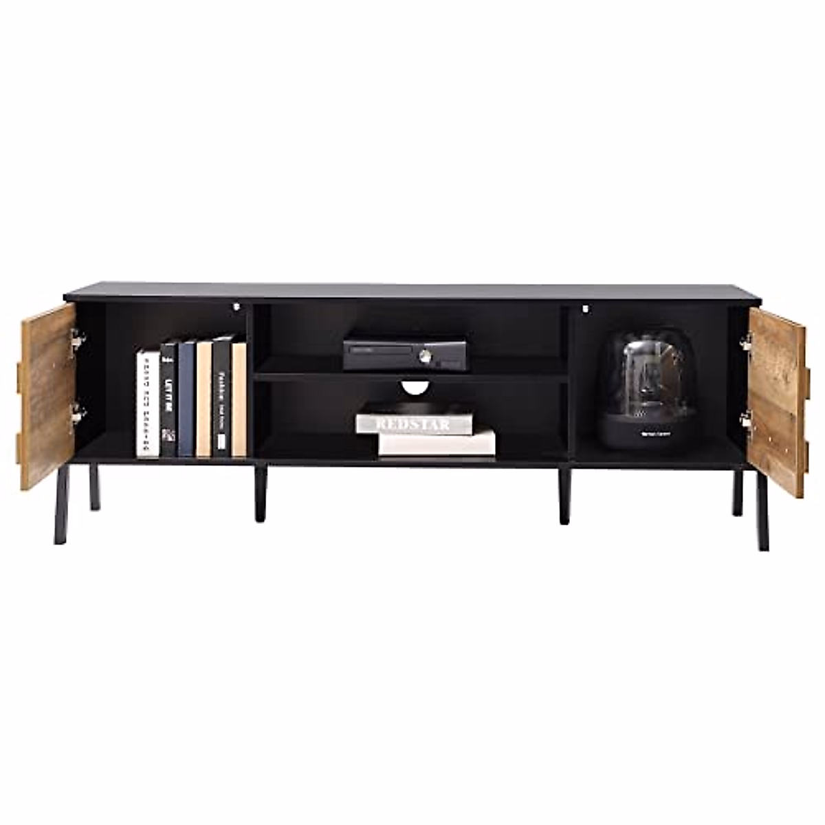 Mid-Century Modern TV Stand for 65 inch Flat Screen Wood TV Table Media Console with Storage, Home Entertainment Center in Black and Oak for Living Room Bedroom, 60 inch