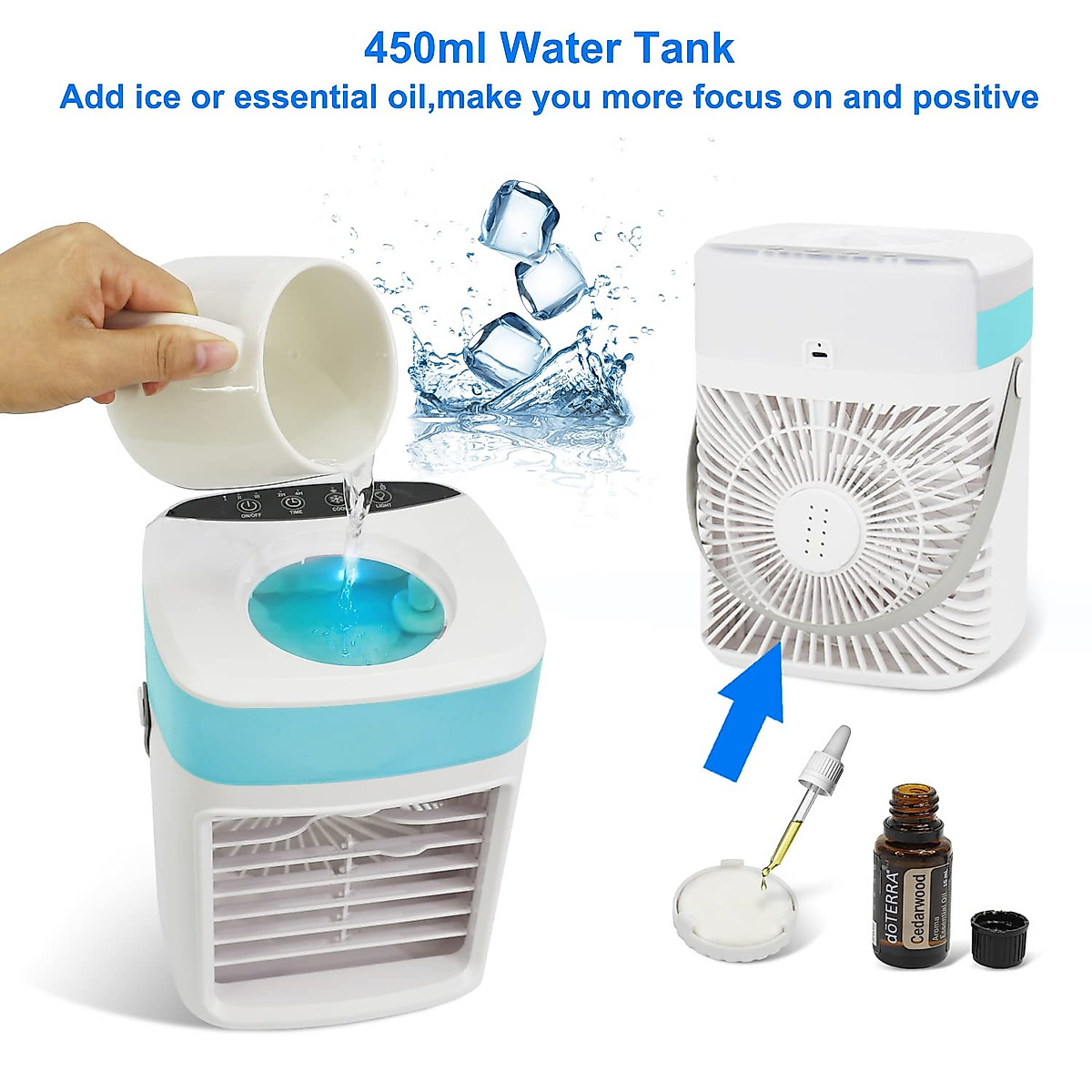 Houselyla Portable Air Conditioner Fan, Cooling Desk Fan Humidifier with 3-speed, Rechargeable Protable Fan 7 Colors and Misting Fast Cooling Desktop Fan for Home, Room, Office