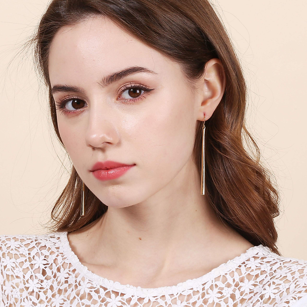 Bonaluna Long, Thin, Hammered, Shield Metal Bar Basic Dangle Drop Earrings for Women