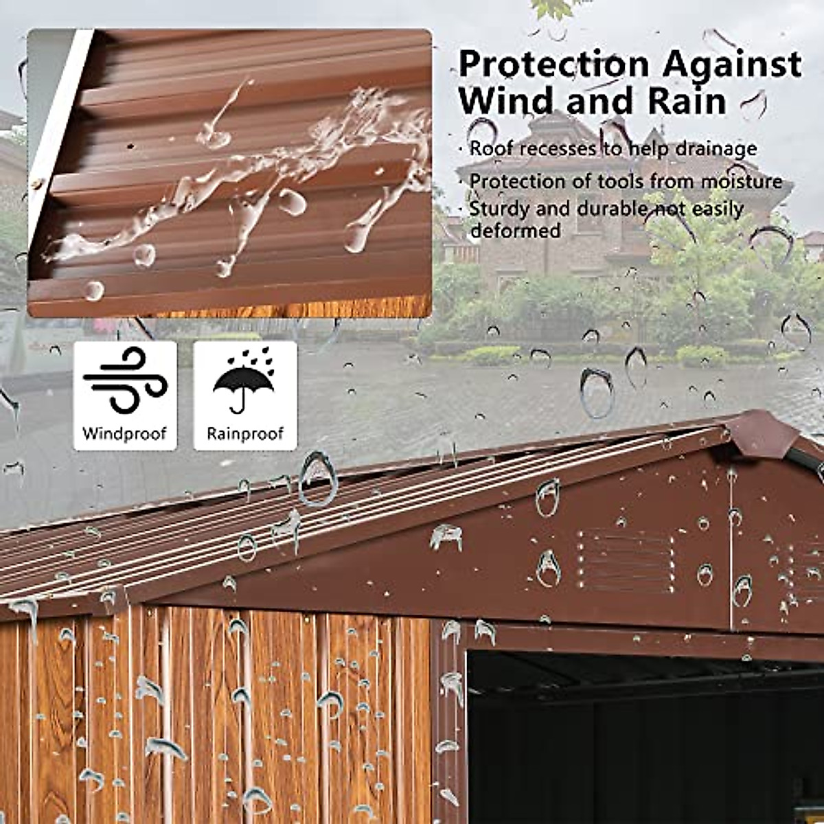 6.36 x 5.7ft Outdoor Metal Storage Shed with Floor Frame, Sliding Doors & Side Window, Sun Protection, Waterproof Tool Storage Shed for Garden, Patio, Lawn,Backyard (Brown & Wood Grain)