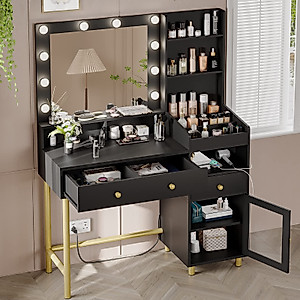 VIAGDO Black Vanity Desk with Mirror and Lights, Makeup Vanity with Charging Station & 3 Storage Compartments, Makeup Desk with Drawers and Open Storage Shelves, Bedroom Dressing Table