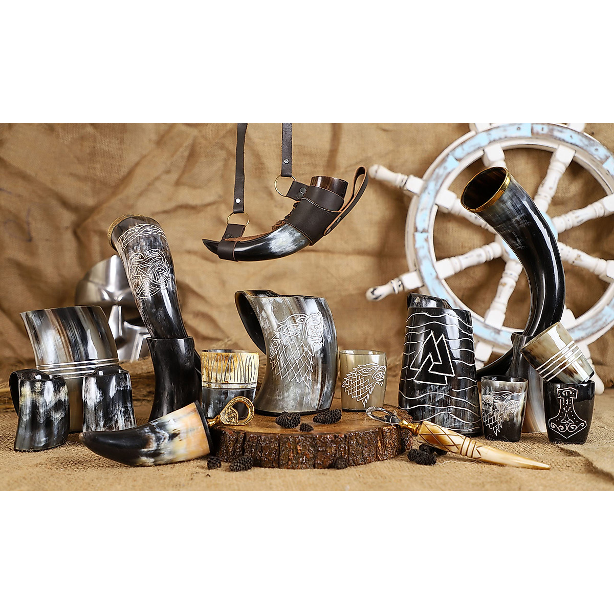 Bhartiya Handicrafts Viking Drinking Horn with Stand - Unique Genuine Ox Horn - Handmade Horn- Mjolnir Carved Horn - Thor Horn 4 pieces