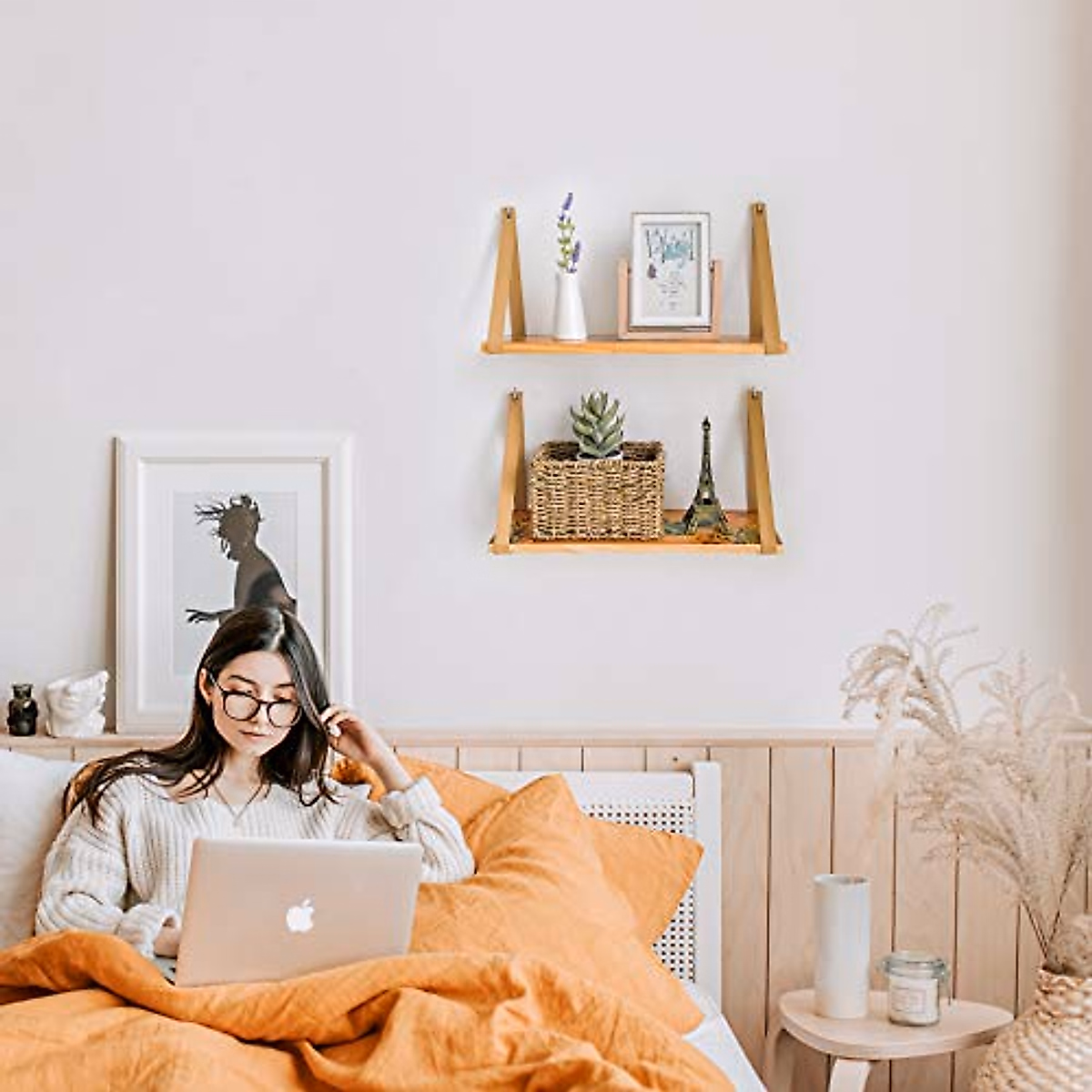 GADNIA Set of 2 Floating Shelves Wall Mounted | Aquatic World Wall Decor Hanging Shelf | Solid Wood Wall Display Shelves for Bathroom, Living Room, Bedroom, Office | Khaki Fabric Wire