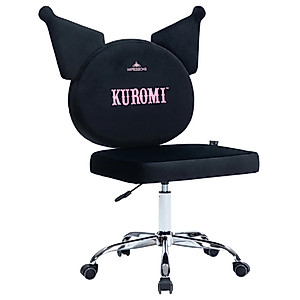 Impressions Vanity Kuromi Armless Swivel Cute Desk Chair for Bedroom, Velvet Makeup Vanity Chair with Back, Rolling Wheels Silver Metallic Base and Adjustable Height (Black)