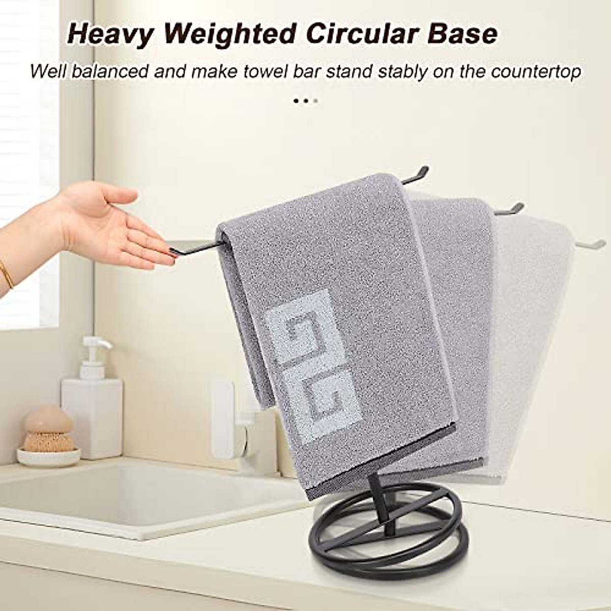 NearMoon T-Shape Hand Towel Holder-Bathroom Towel Rack-Stand with Round Base Towel Bar for Bathroom Kitchen Vanity Countertop, All-Metal Waterproof Standing Tower Ring, Matte Black