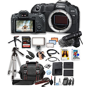 Canon EOS R8 Mirrorless Camera Body + 128GB Pro Speed Memory + EF-RF Lens Adapter + Led Video Light + Microphone +Case + Tripod + Software Pack-Video Bundle (Renewed)