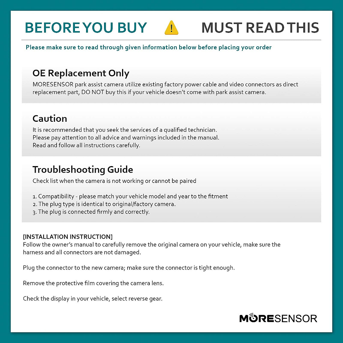 MOREsensor Park Assist Backup Camera | Direct OE Replacement for 867900C021 | Compatible with 2016-2018 Toyota Tundra All Models | CTY-003