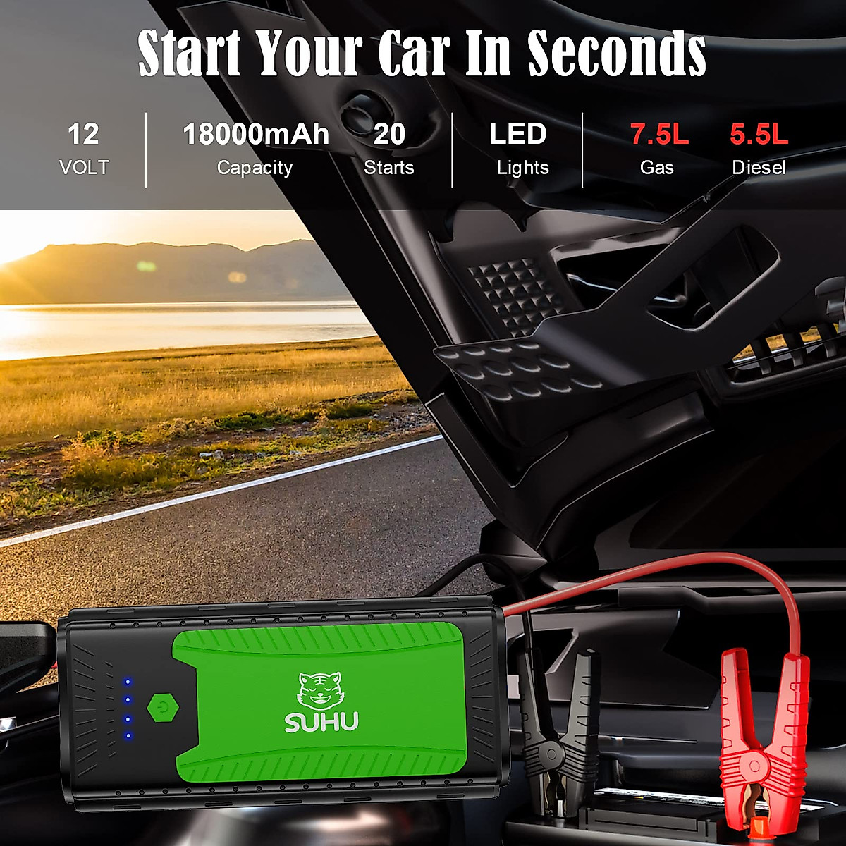 Car Battery Jump Starter, SUHU 1500A Peak 18000mAh Safe Lithium Car Battery Starter, 12V Car Auto Battery Booster (Up to 7L Gas/5.5L Diesel Engine) with QC 3.0 Fast Charge, 2*USB Port &LED Flashlight