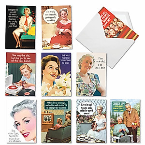 NobleWorks - 10 Funny Birthday Cards Assortment - Adult Retro Notecard Set, Bulk Boxed Humor - Old Enough to Know Better A1236