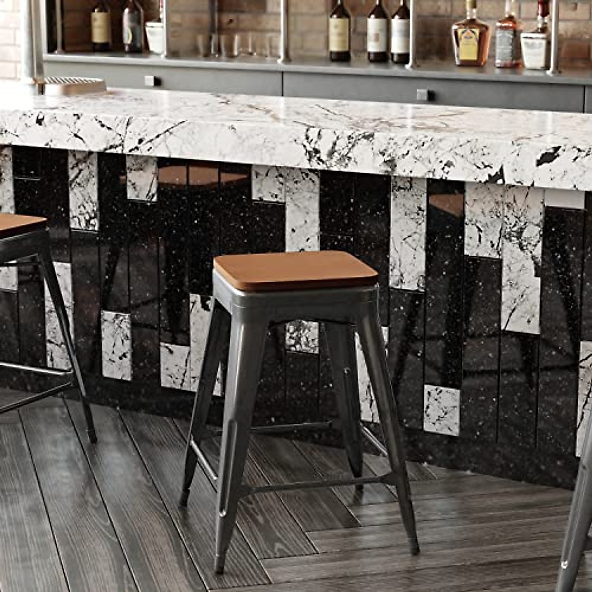 BizChair Commercial Grade 24" High Backless Black Metal Indoor-Outdoor Counter Height Stool with Teak Poly Resin Wood Seat