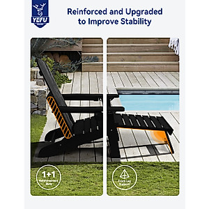 YEFU Adirondack Chair with Ottoman, Adjustable Backrest Adirondack Chairs, Folding Outdoor Fire Pit Chair with 2 Cup-Holders, Weather Resistant for Patio Lawn Outside Garden Pool, 380lbs (Black)