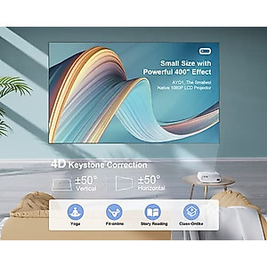 Projector with 5G WiFi and Bluetooth: 460 ANSI Outdoor Projector-4K Support 15000L 400" Native 1080P ONOAYO, ±50°4D Auto-V Keystone & Zoom Sealed Home Movie Portable Mini Projector for Phone, PC