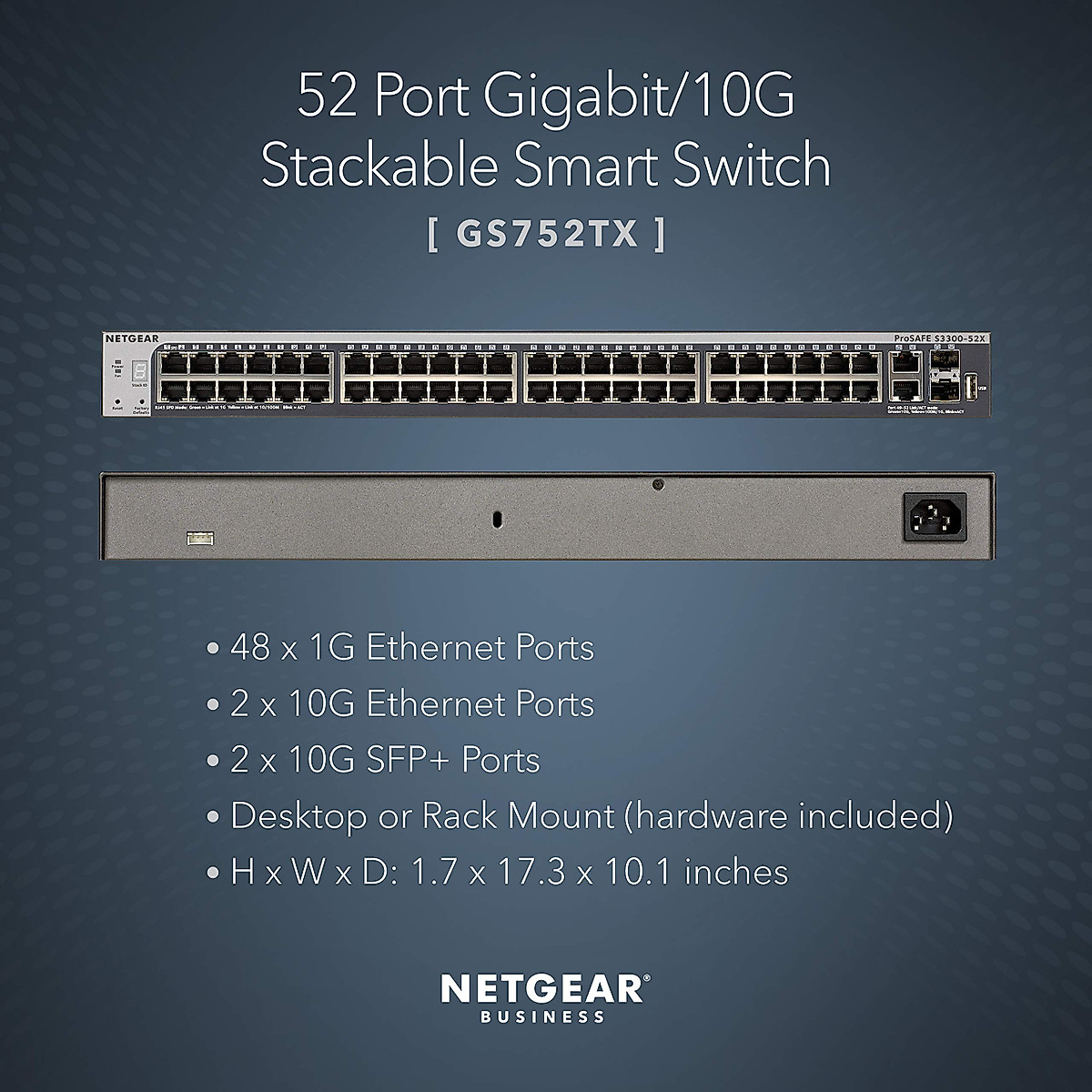 NETGEAR 52-Port Gigabit/10G Stackable Smart Switch (GS752TX) - 48x1G, Managed, with 2x10G Copper & 2x10G SFP+, Desktop or Rackmount, & Limited Protection (Renewed), Grey