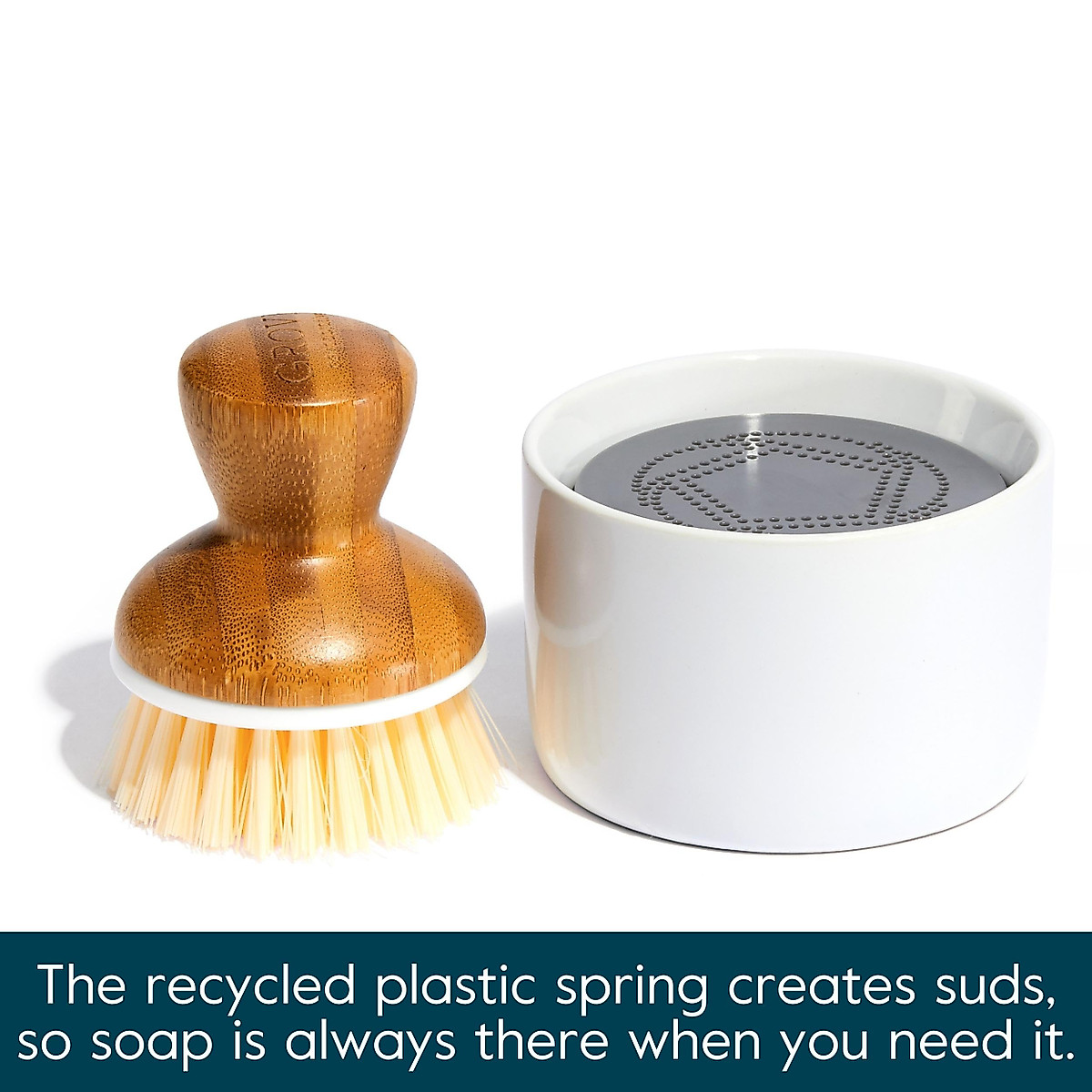 Grove Co. Bubble-Up Dish Soap Dispenser & 2 Pack Brush Set, Ergonomically Designed Dish Scrubber, Removes Tough Messes, Gentle on Dishes, Sustainable Solution to The World's Waste