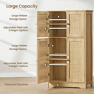 Iwell Storage Cabinet, Rattan Cabinet with 4 Rattan Doors & Adjustable Shelf, Bathroom Floor Cabinet for Living Room, Entryway, Home Office, Natural