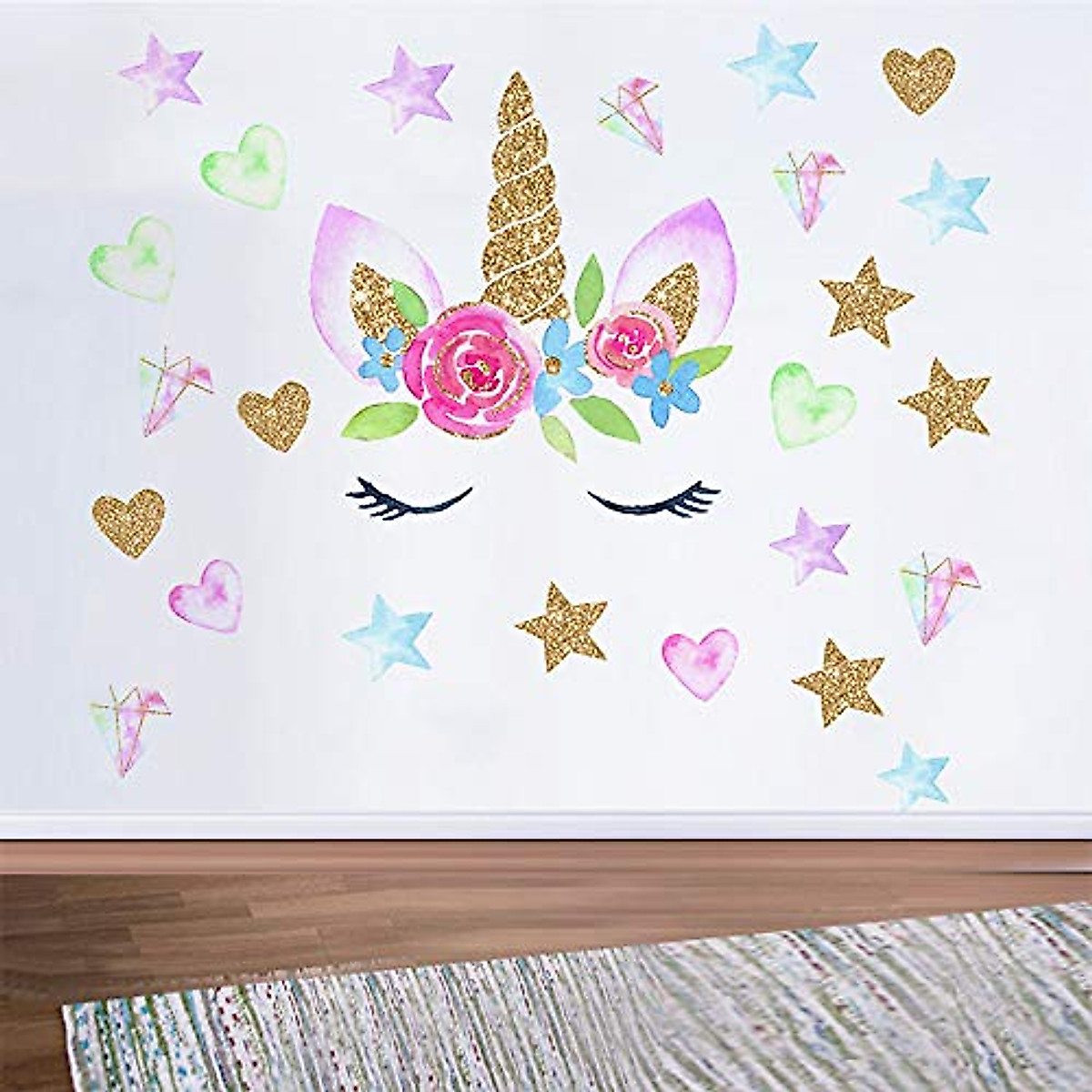 heshengzaixian Unicorn Horn Wall Stickers, Unicorn Face Star Heart Wall Decals for Girls Bedroom, Baby Girl Nursery Kid’s Birthday Decoration,Girl's Room Decor