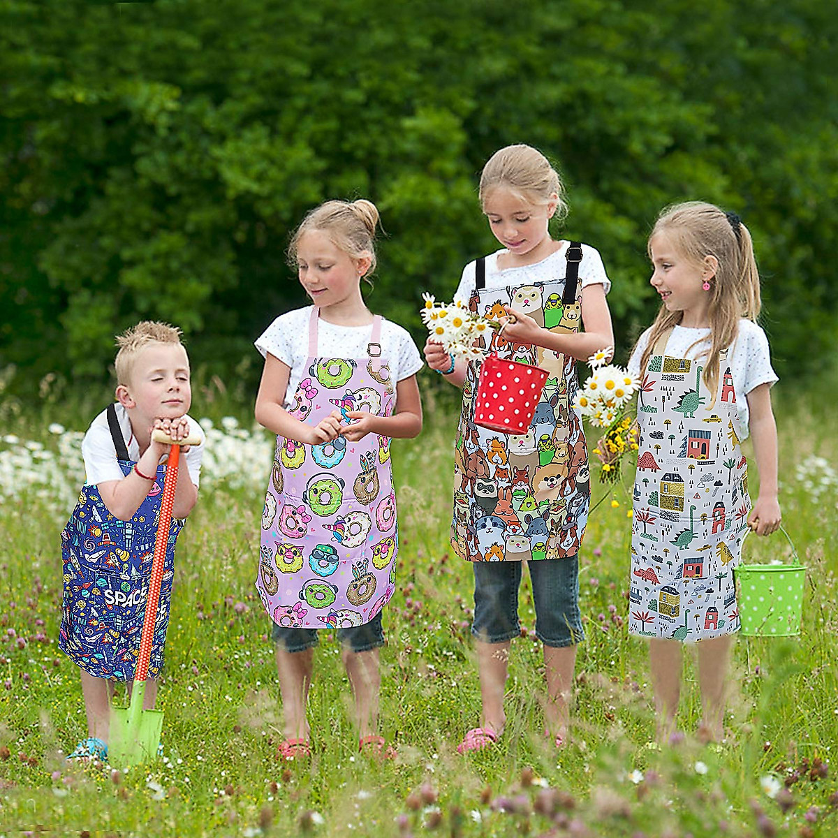 Sosolong Adjustable Children's Waterproof Apron, with Children's Pocket Cooking Apron, Baking, Painting, Gardening (dinosaur apron)