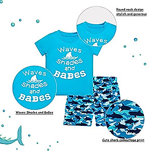 MOMMY'S NEW MAN Infant Toddler Baby boy Summer Clothes Waves Shades and Babes Print Blue Short Sleeve Tops and Shark Short Pants Outfits (Blue Shark, 3T)