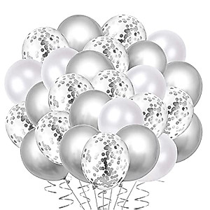 60 PCS White Silver Confetti Latex Balloons, 12 inch Silver Metallic Balloon with White Latex Balloons for Wedding Birthday Baby Shower Decorations