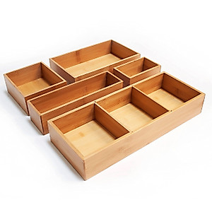 Seville Classics Bamboo Premium Organizer Storage Bins for Kitchen Silverware, Pantry, Closet, Office Desk, Pens, Utensils, Makeup, K Cup, Bamboo, Bin Set w/Dividers (5 Piece)