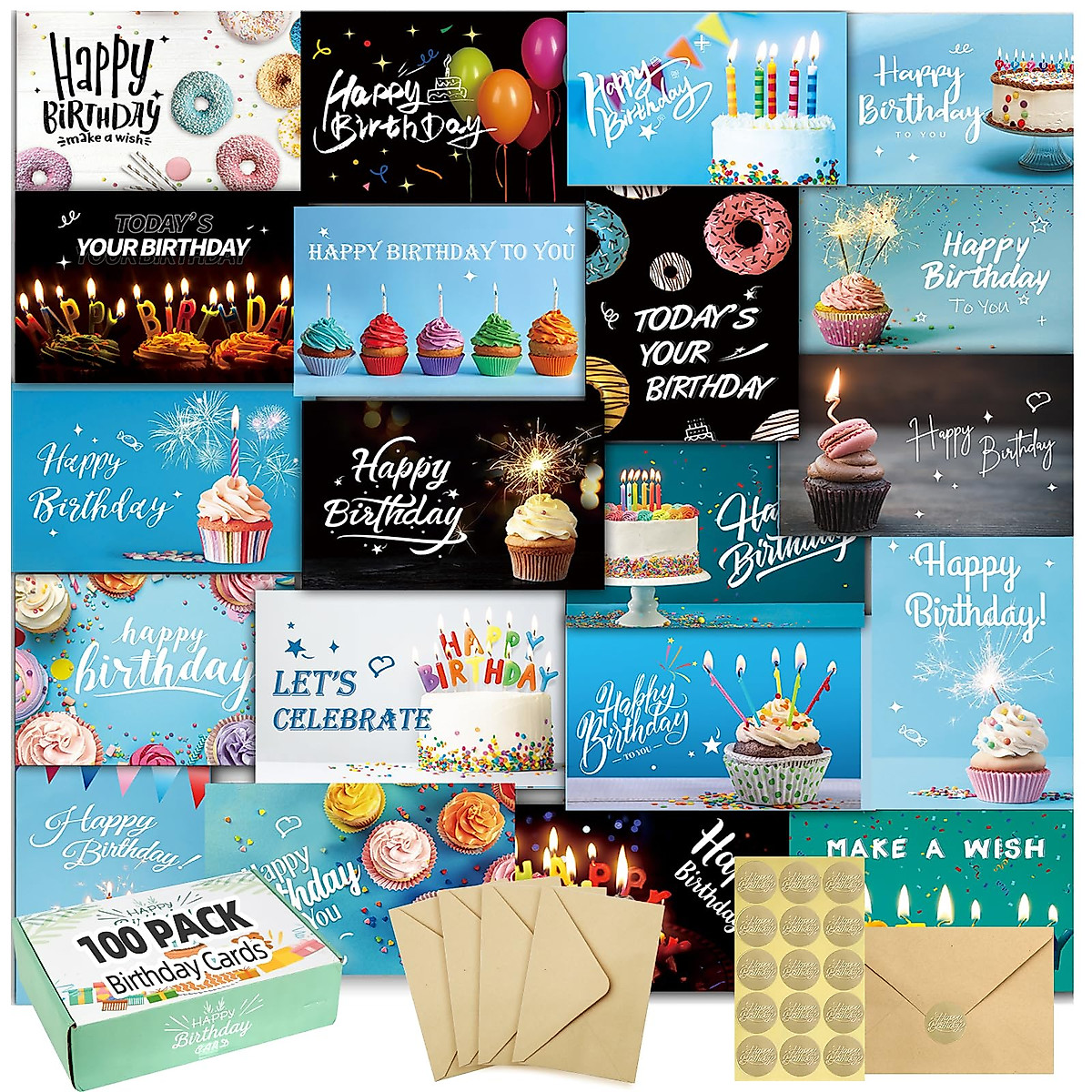 100 Happy Birthday Cards with Envelopes, 20 Unique Designs, Birthday Cards Bulk with Short Generic Message Inside, 4x6 inches, Assorted Birthday Cards Assortment for Business, Office and Personal