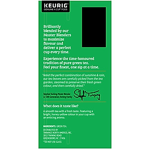 Twinings Pure Green Tea K-Cup Pods for Keurig, 24 Count (Pack of 1), Smooth Flavour, Enticing Aroma, Caffeinated, Enjoy Hot or Iced | Packaging May Vary