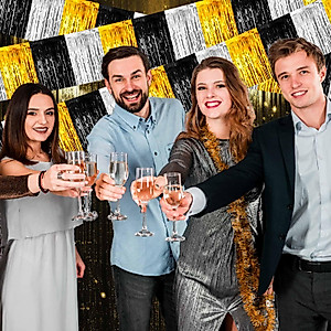 3 Pack 10 Long Black Gold Silver Metallic Foil Fringe Garland Wall Hanging Tassle Banner, Bridal Shower, Valentine's Day， Parade Floats, Birthday, Theme party, New Year Party Decorations