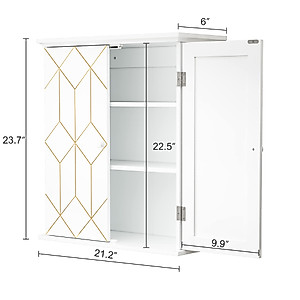 AZODY Bathroom Cabinet with Gold Trim, Wall-Mounted Bathroom Storage Cabinet with Adjustable Shelves and Side Hooks, Space Saver Medicine Cabinet for Livingroom, Laundry, Classical White