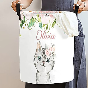 Floral Cat Soft Pink Personalized Laundry Basket Clothes Hamper with Handles Waterproof,Collapsible Laundry Storage Baskets for Bathroom,Bedroom Decorative